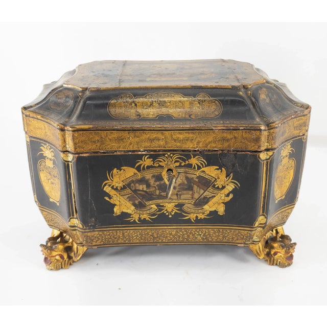 Fine Chinese Black and Gold Lacquered Tea Caddy Box | Chairish