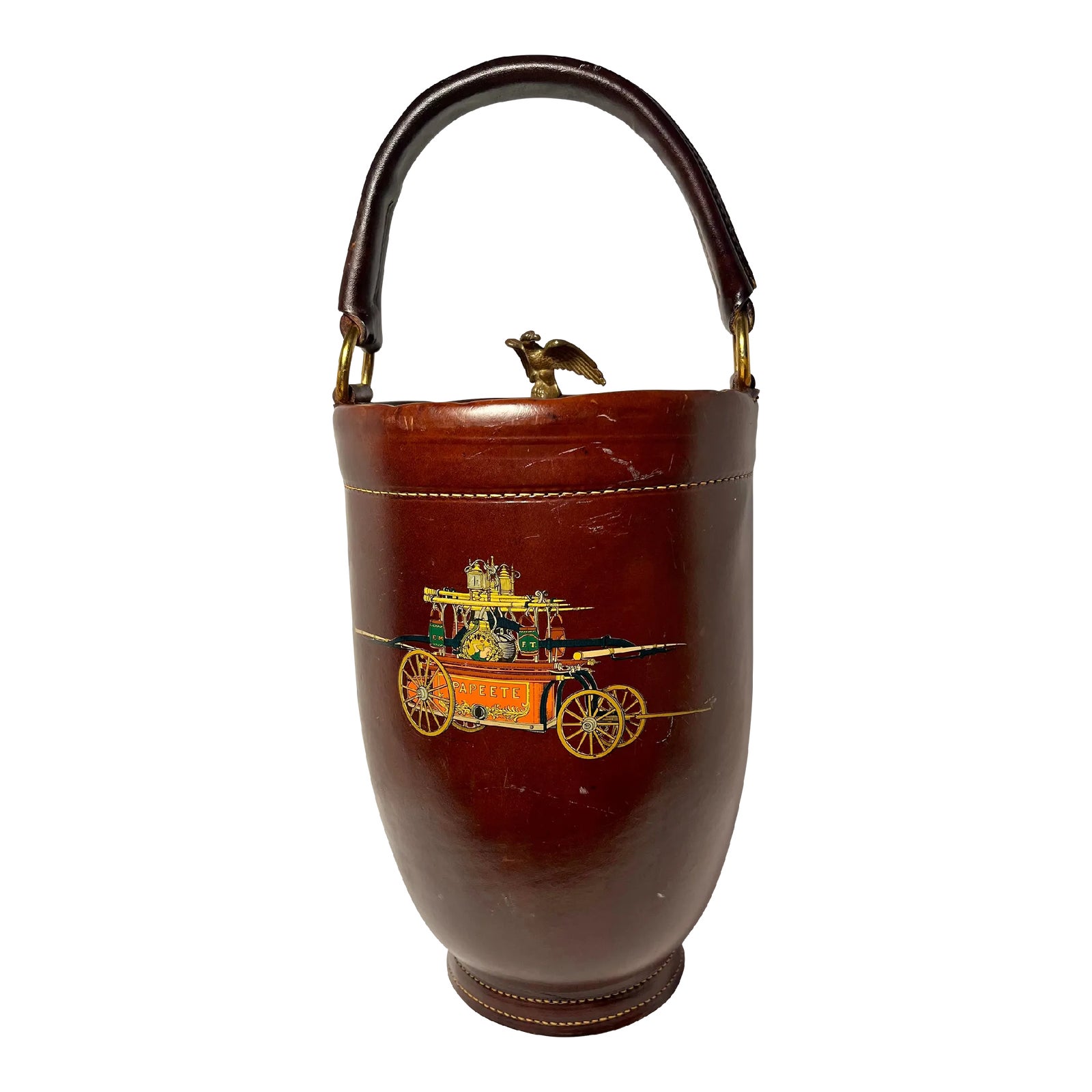 1970s Vintage Loyal Papeete Brown Genuine Leather Fire Ice Bucket Brass ...