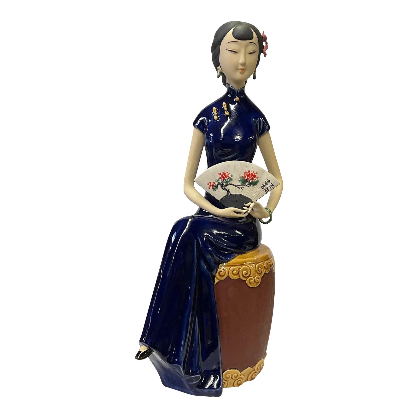 Chinese Oriental Ceramic Cheongsam Blue Qipao Dressing Lady Figure ...