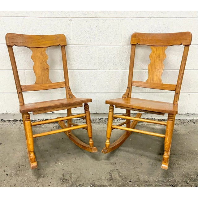Vintage Child Size Oak Rocking Chairs - Pair | Chairish