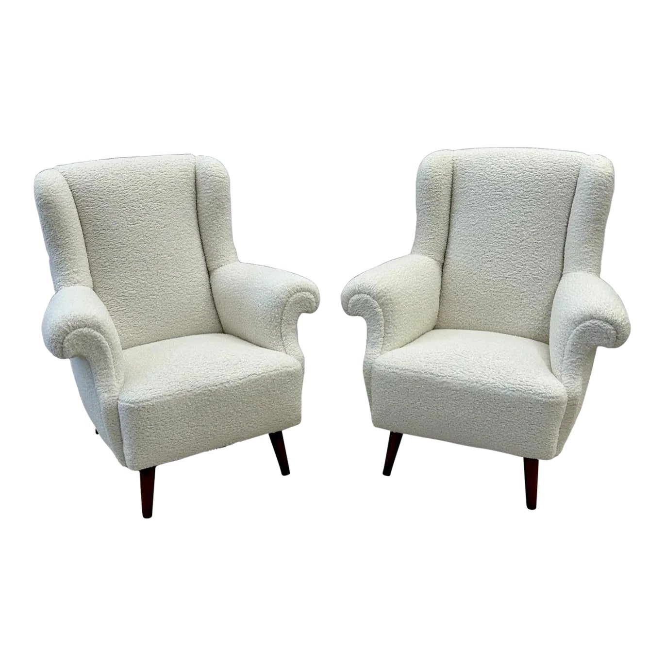 Pair American Mid-Century Scroll Lounge / Wingback Chairs, Boucle ...