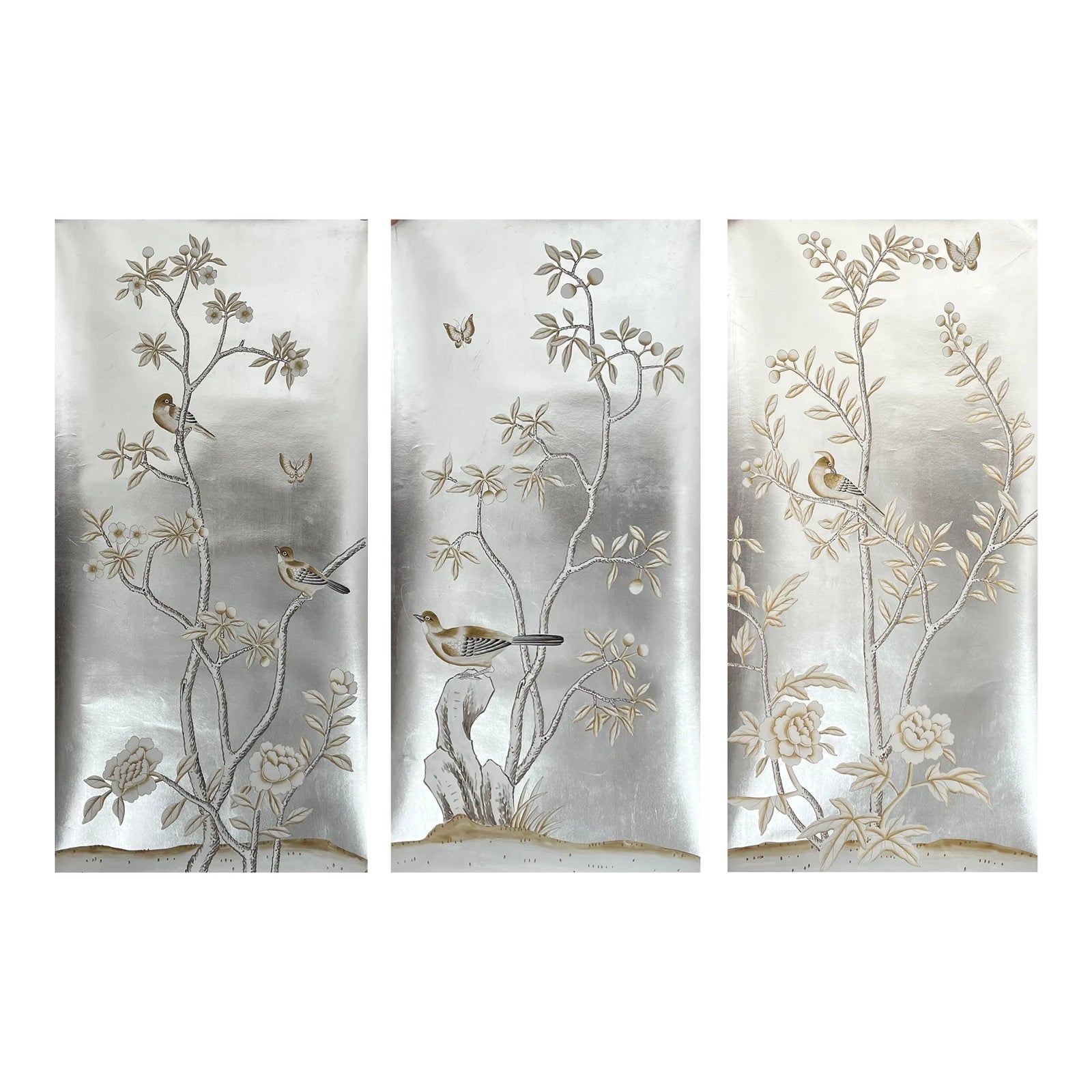 Chinoiserie Panels Hand Painted Wallpaper on Silver Leaf Panel - 3 ...