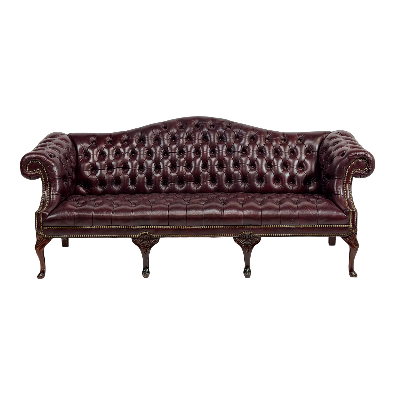 1970s English Camelback Tufted Burgundy Leather Chesterfield Sofa ...