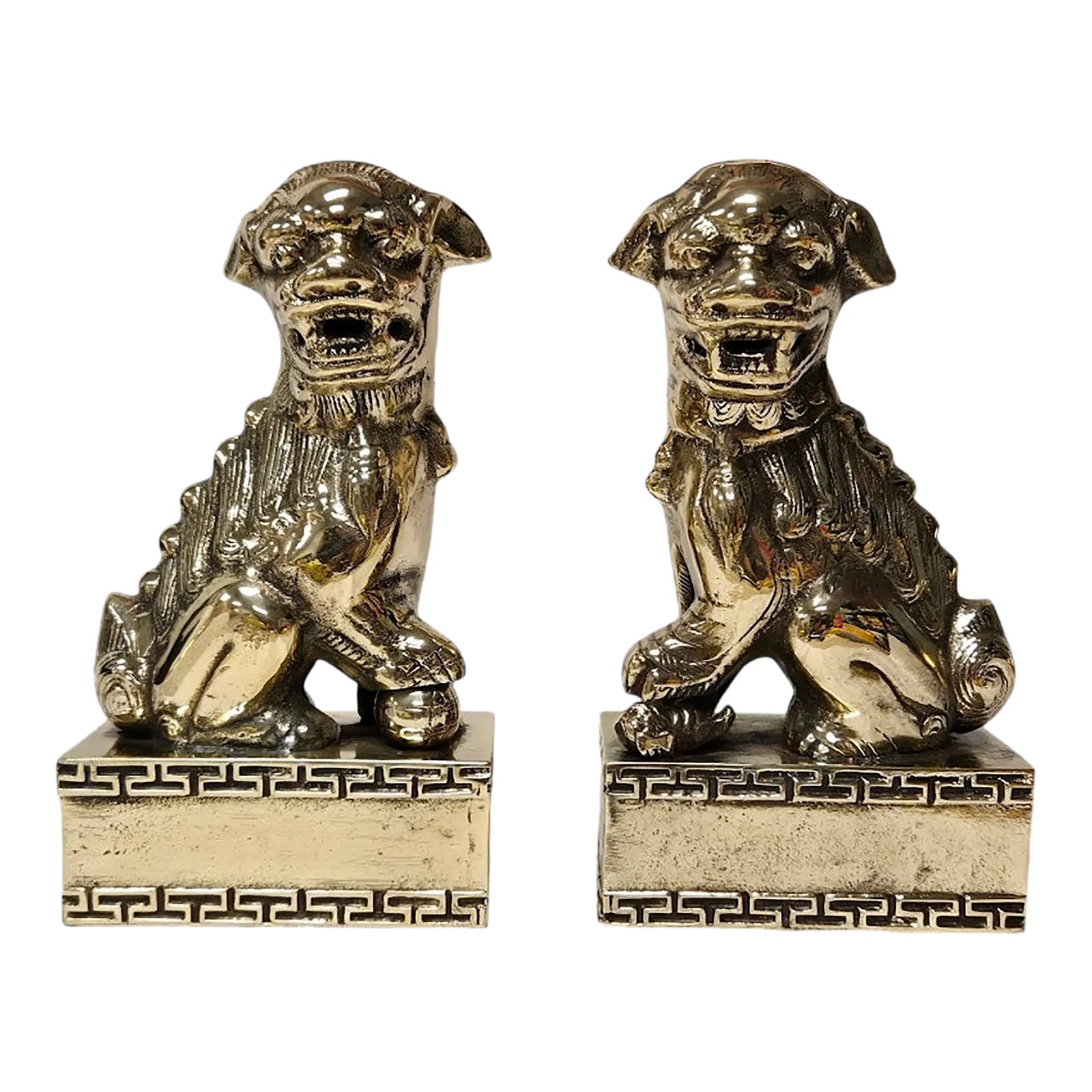 1960's Polished Brass Foo Dog Bookends W/ Greek Key Pedestal Bases ...
