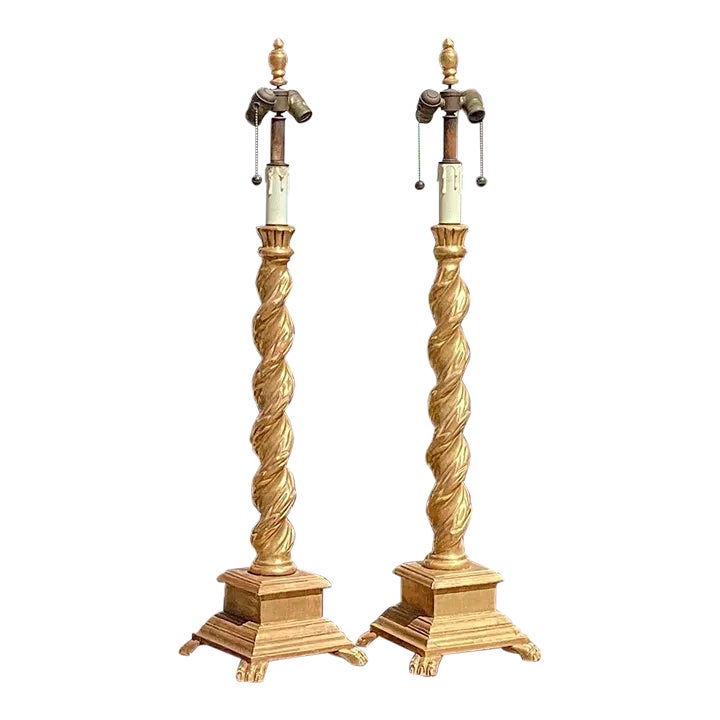Pair of 18th C Style Solomonian Giltwood Table Lamps | Chairish