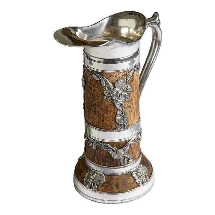 Art Nouveau Silver Overlay Oak Ewer Pitcher | Chairish