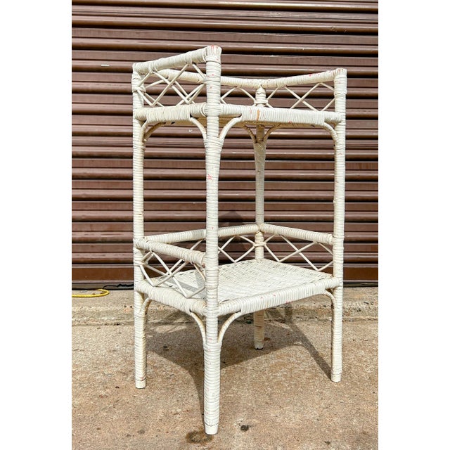 1970s Vintage White Wicker Tall Table Stand With Two Shelves | Chairish