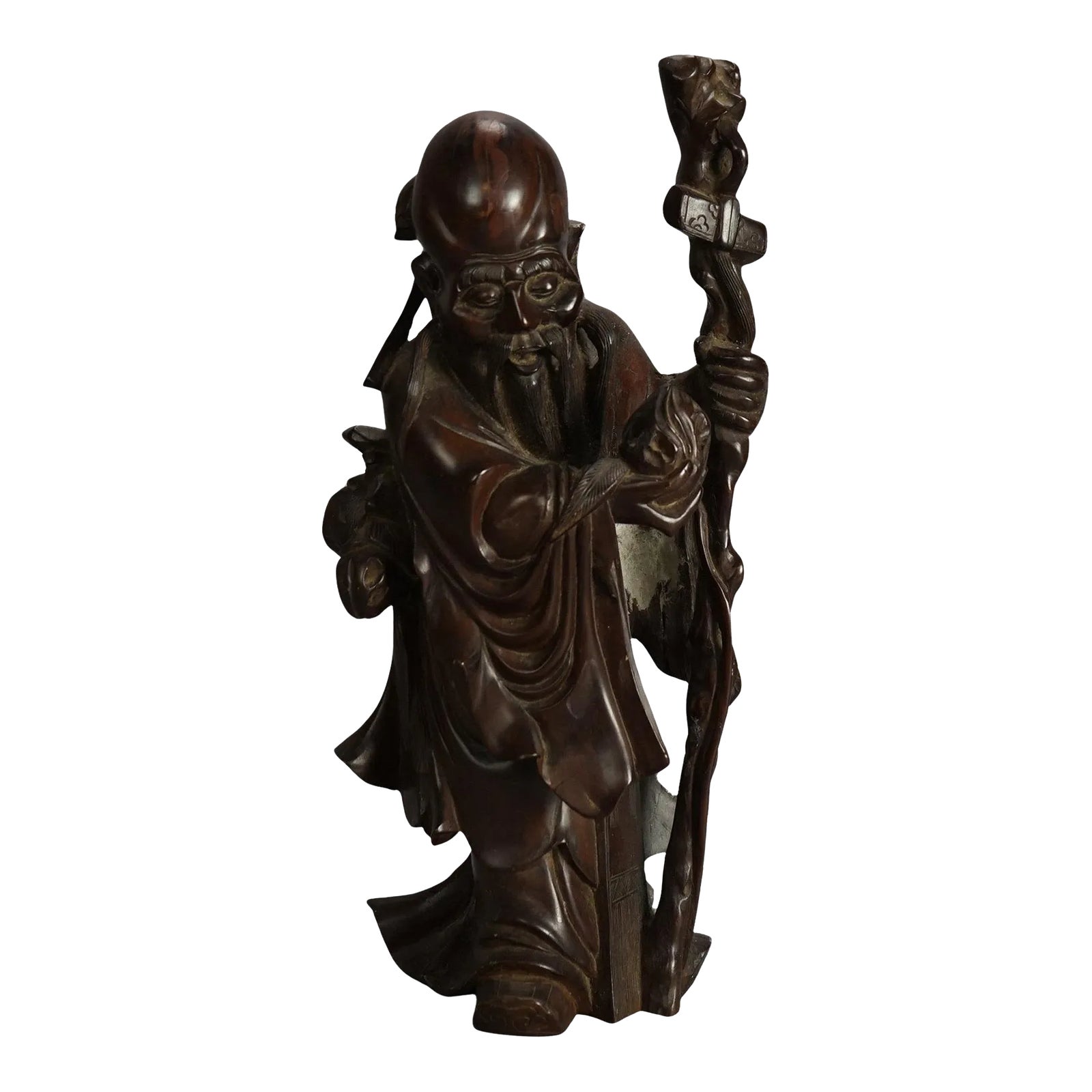 1940s Asian Carved Rosewood Standing Buddha or Wise Man Figure | Chairish