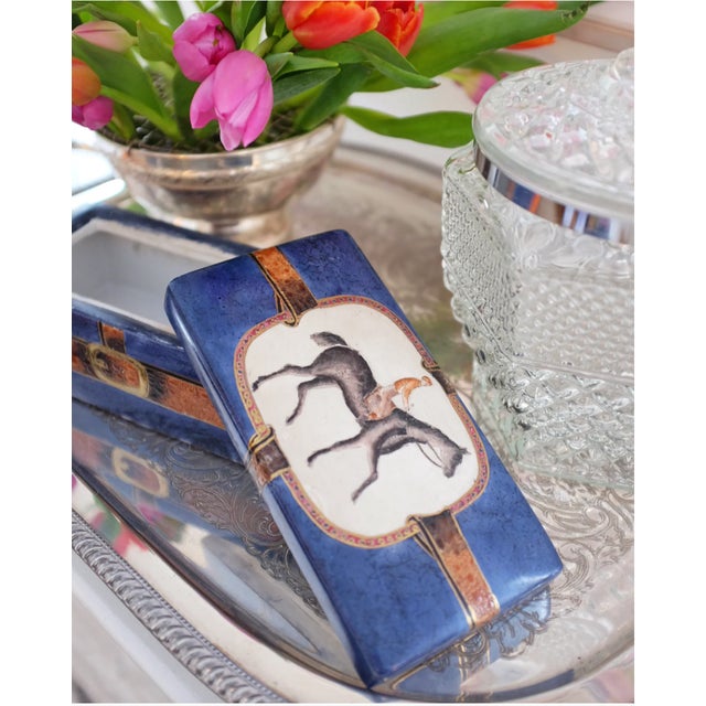 1980s Navy Blue and Brown Ceramic Box With Equestrain | Chairish