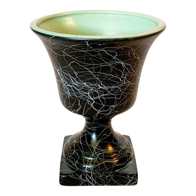 Mid-Century Modern Black Splatterware Pedestal Urn Vase | Chairish