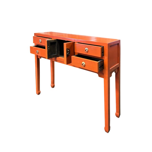 Oriental Orange Lacquer 4 Drawers Slim Narrow Foyer Side Table | Chairish