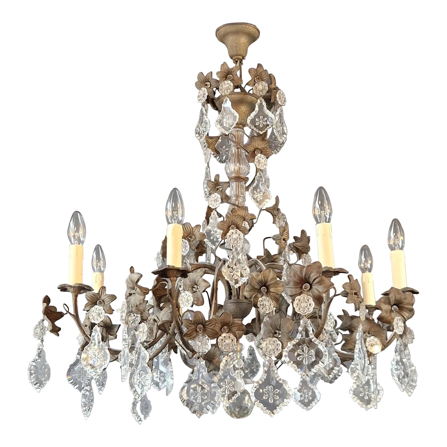 1900s Art Nouveau Brass Crystal Lustre Chandelier | Chairish