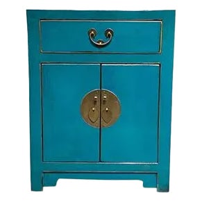 1990's Turquoise Blue Lacquer Bedside Table | Chairish