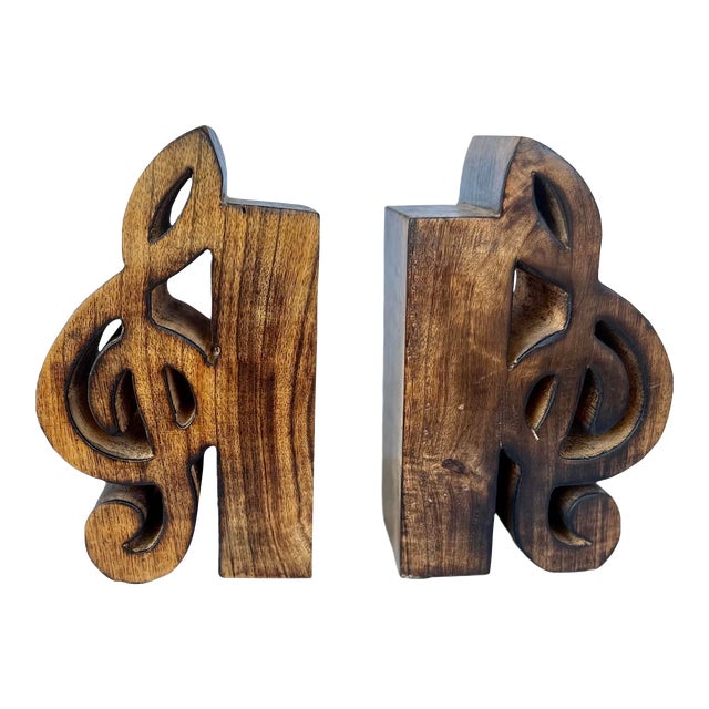Wooden Pair Book Ends Music Notes Form Wood Carved Sculptural Vintage ...