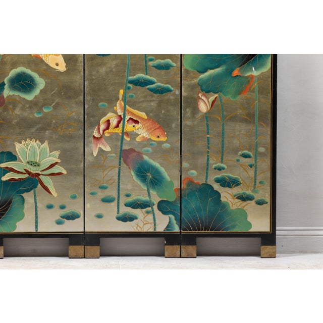 Four-Panel Screen with Koi and Lotus Design, Brass Feet, Elegant Room ...
