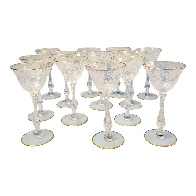 1950s Cambridge Crystal Wildflower Liquor/Cocktail Stemware with Gold Rim - Set of 13 | Chairish