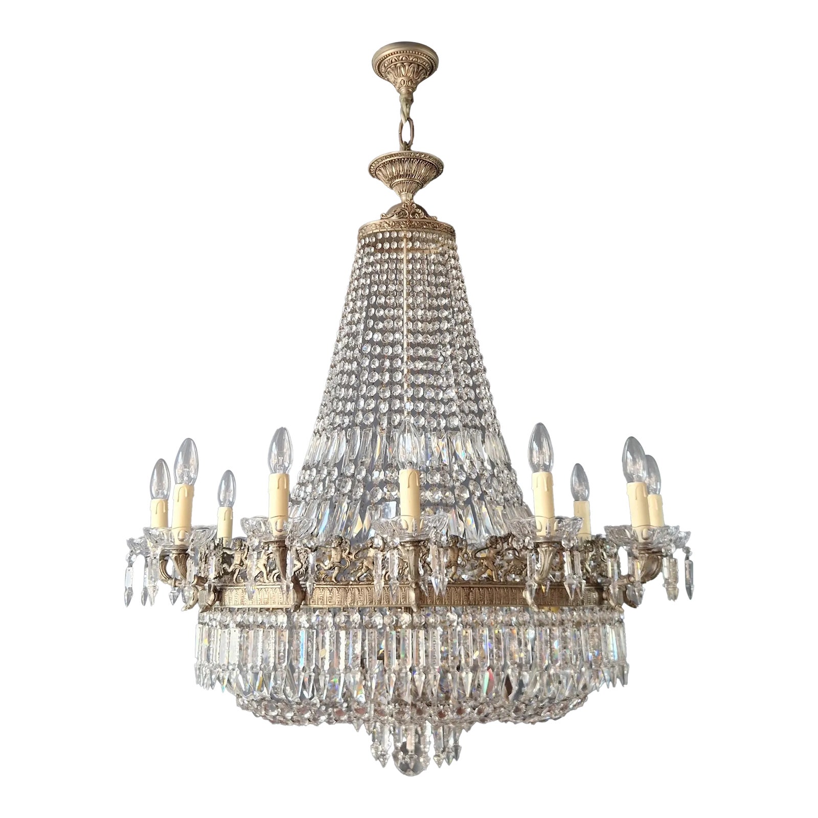 1910s Brass Lustre Art Nouveau Low Oval Plafonnier Crystal Chandelier ...