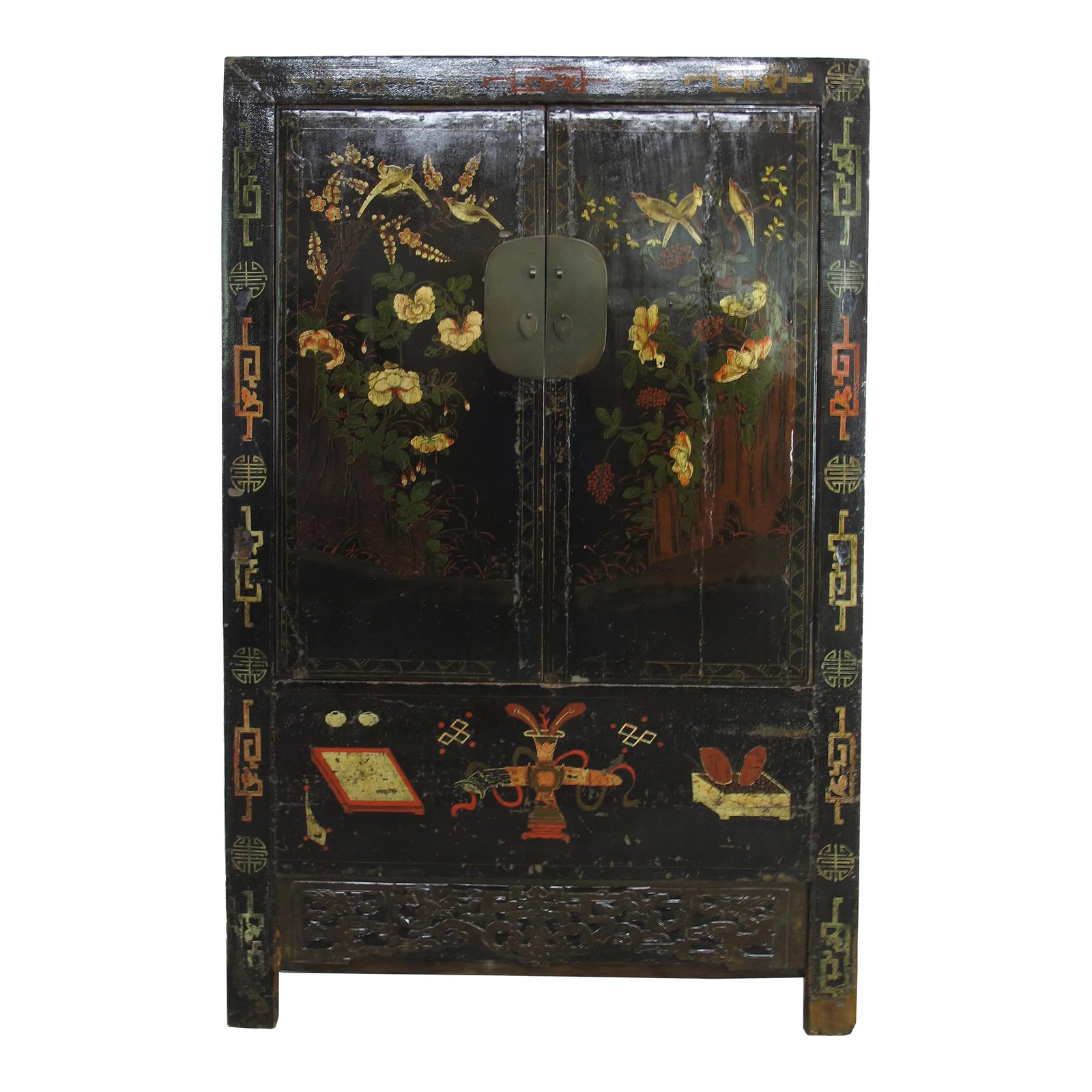 Birds and Flower Antique Chinese Cabinet | Chairish
