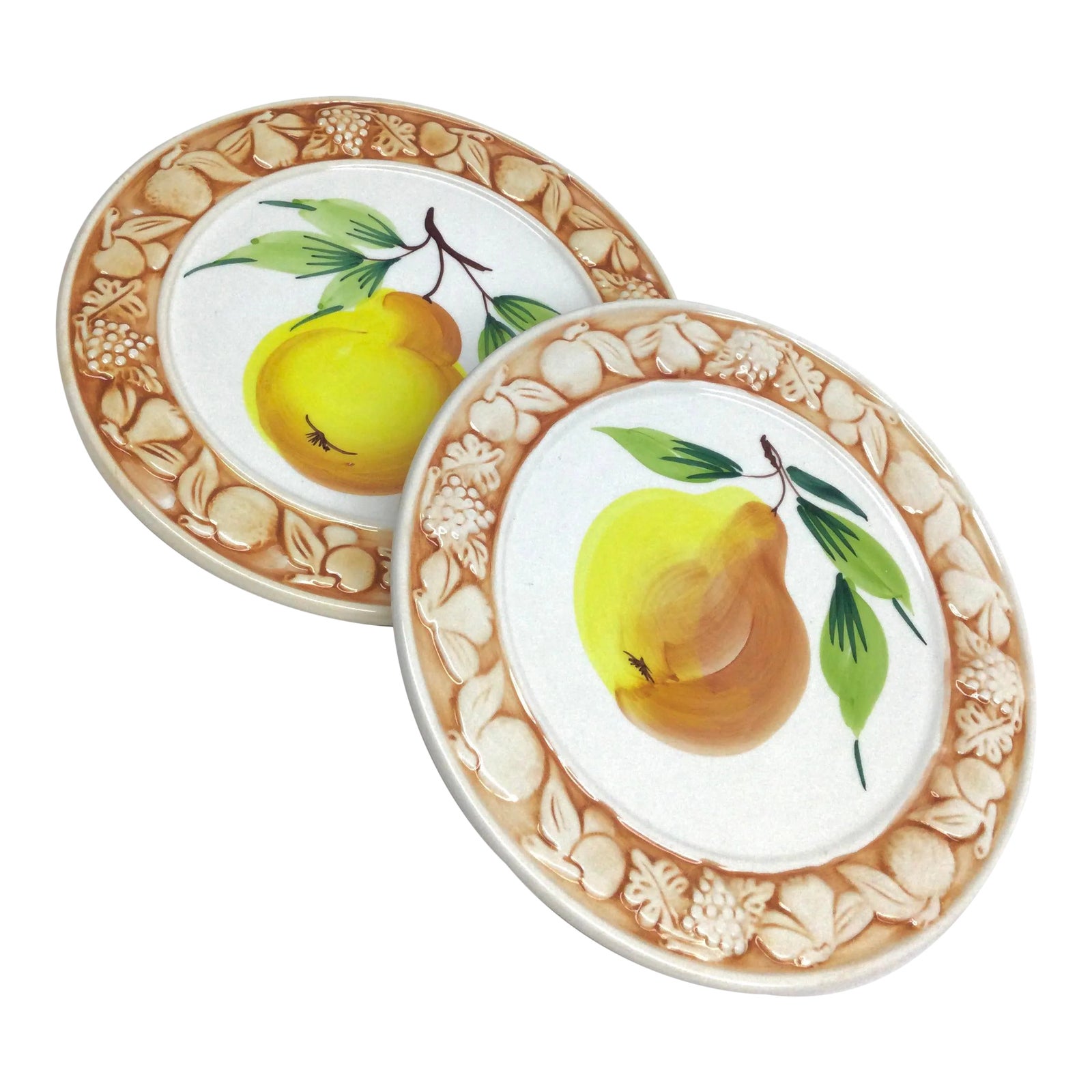 Italian Majolica Hand Painted Pear Plates - a Pair | Chairish