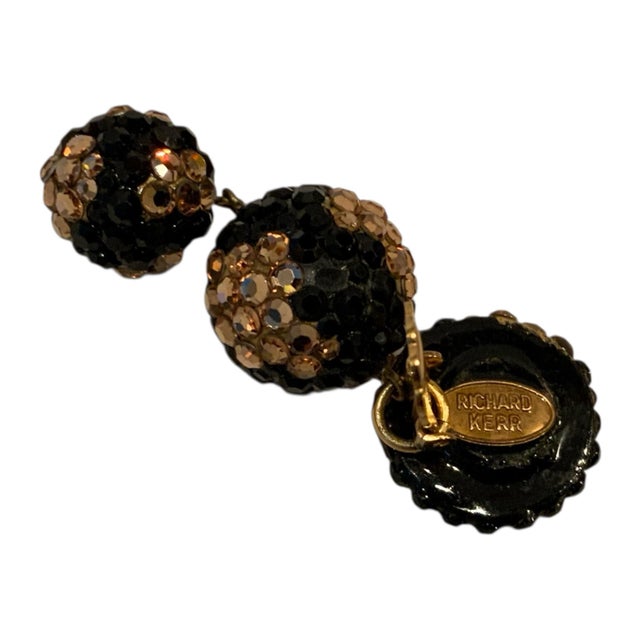 Vintage Richard Kerr 3 Ball Drop Gold and Black Crystal Dangle Clip on ...