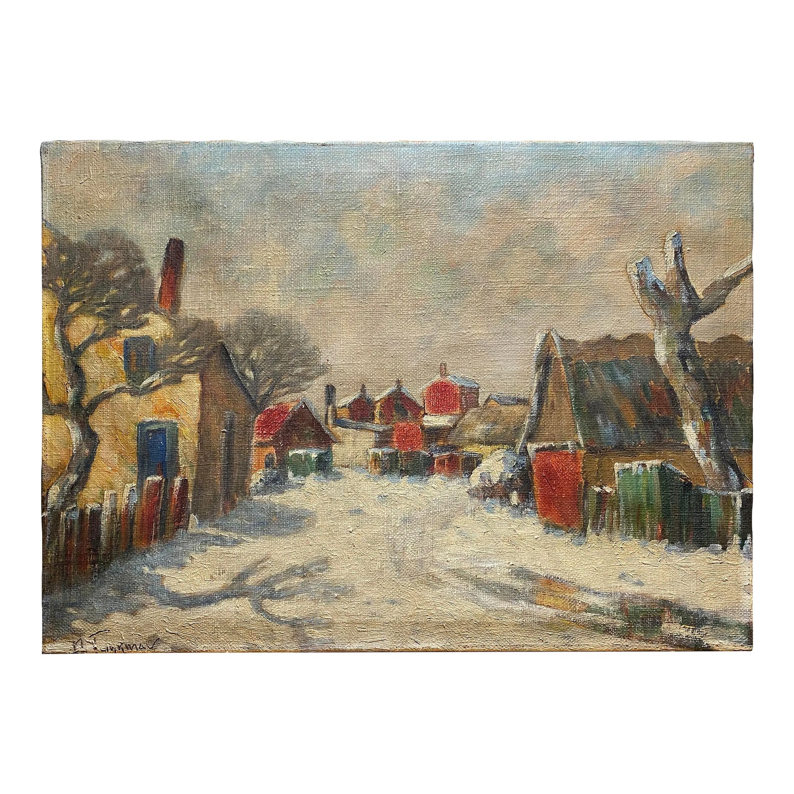 'Snow and Red Buildings' Early/Mid 20th Century, Impressionist Oil on ...