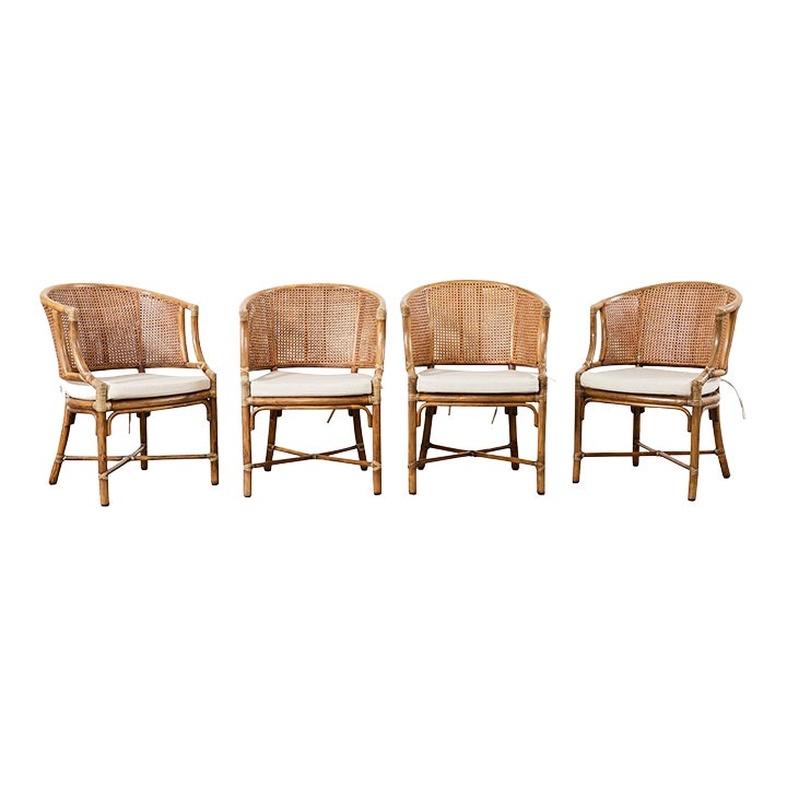 Set of Four McGuire Rattan Cane Barrel Dining Chairs | Chairish