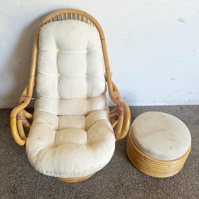 Boho Chic Bamboo Wicker Papasan Chair With Circular Foot Rest | Chairish