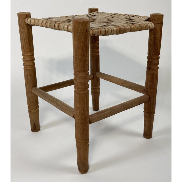 Turned Wood and Woven Rattan Foot Stool | Chairish