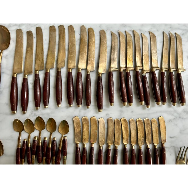 Vintage Mid Century Bronze and Wood Flatware Set of 106 | Chairish