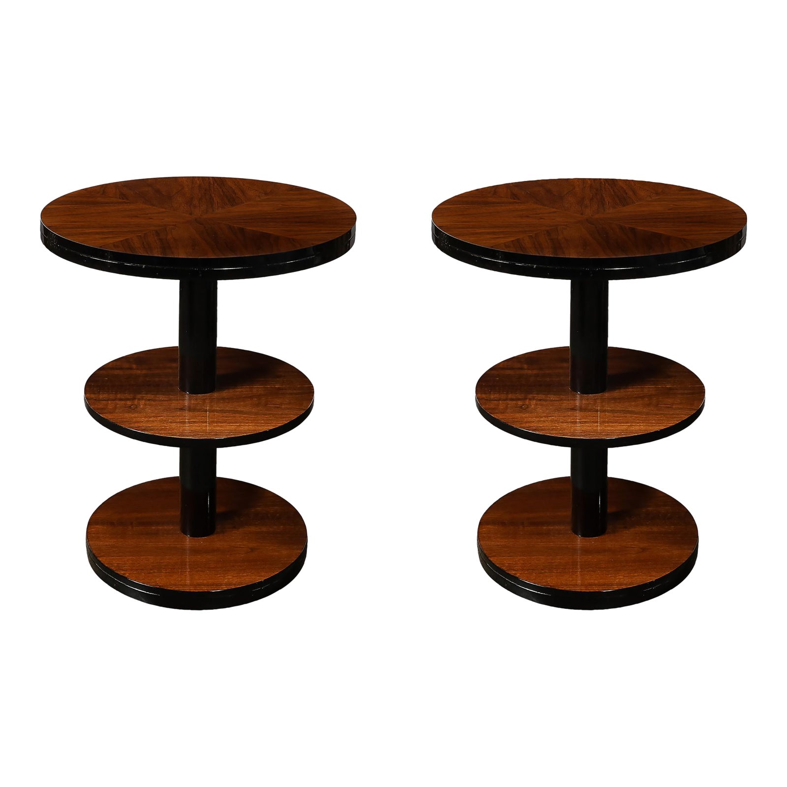 Pair of Art Deco Machine Age Three-Tier Round Side Tables in Book-Matched Walnut | Chairish