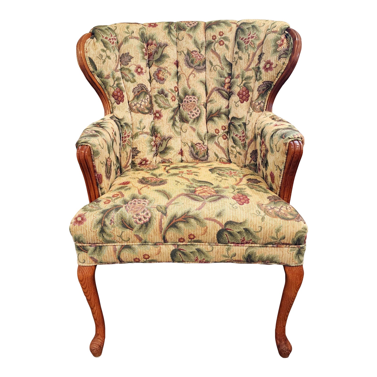 Vintage Woven English Botanical Curved Wingback Chair | Chairish