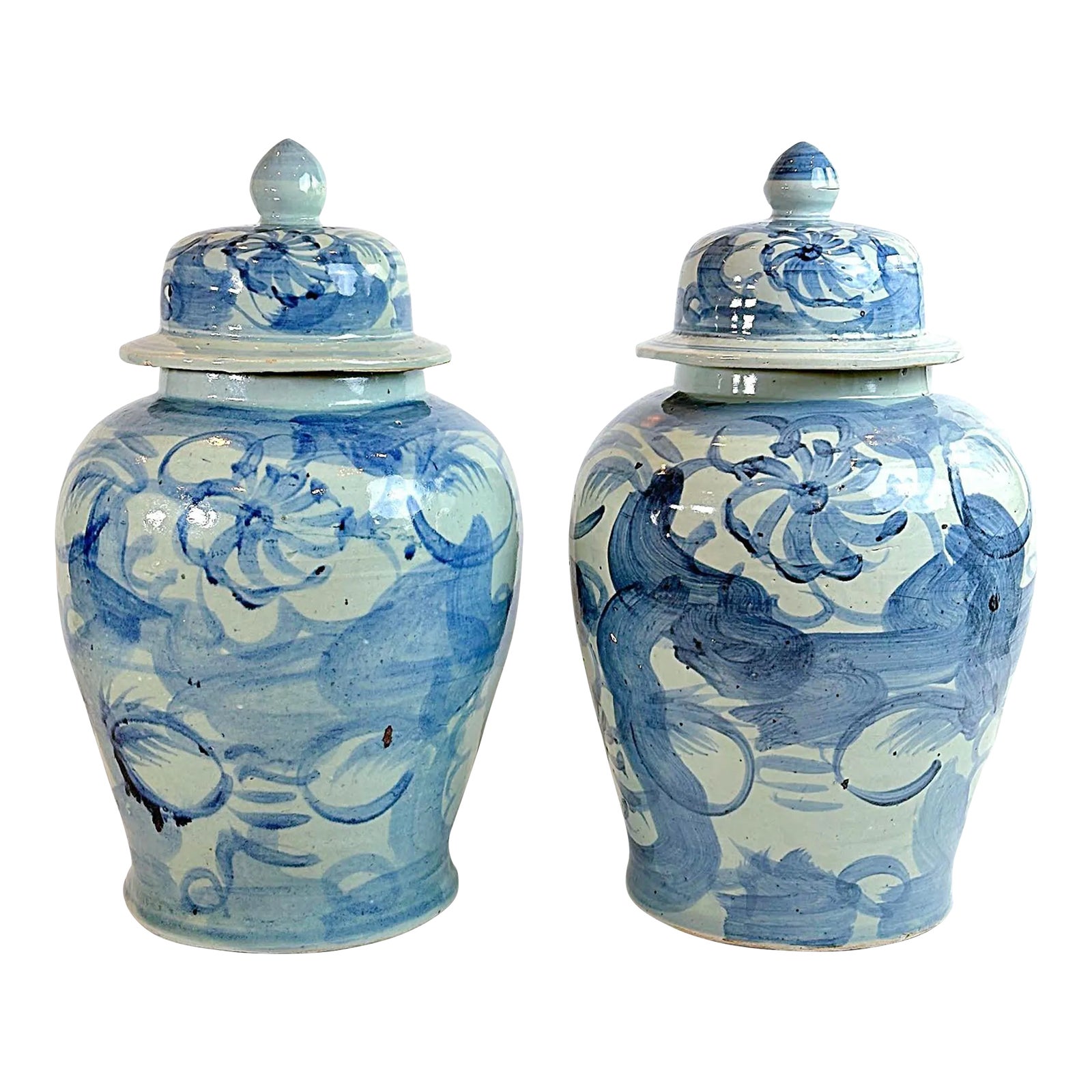 Large Chinoiserie Blue and Bone White Abstract Temple Jars - a Pair ...