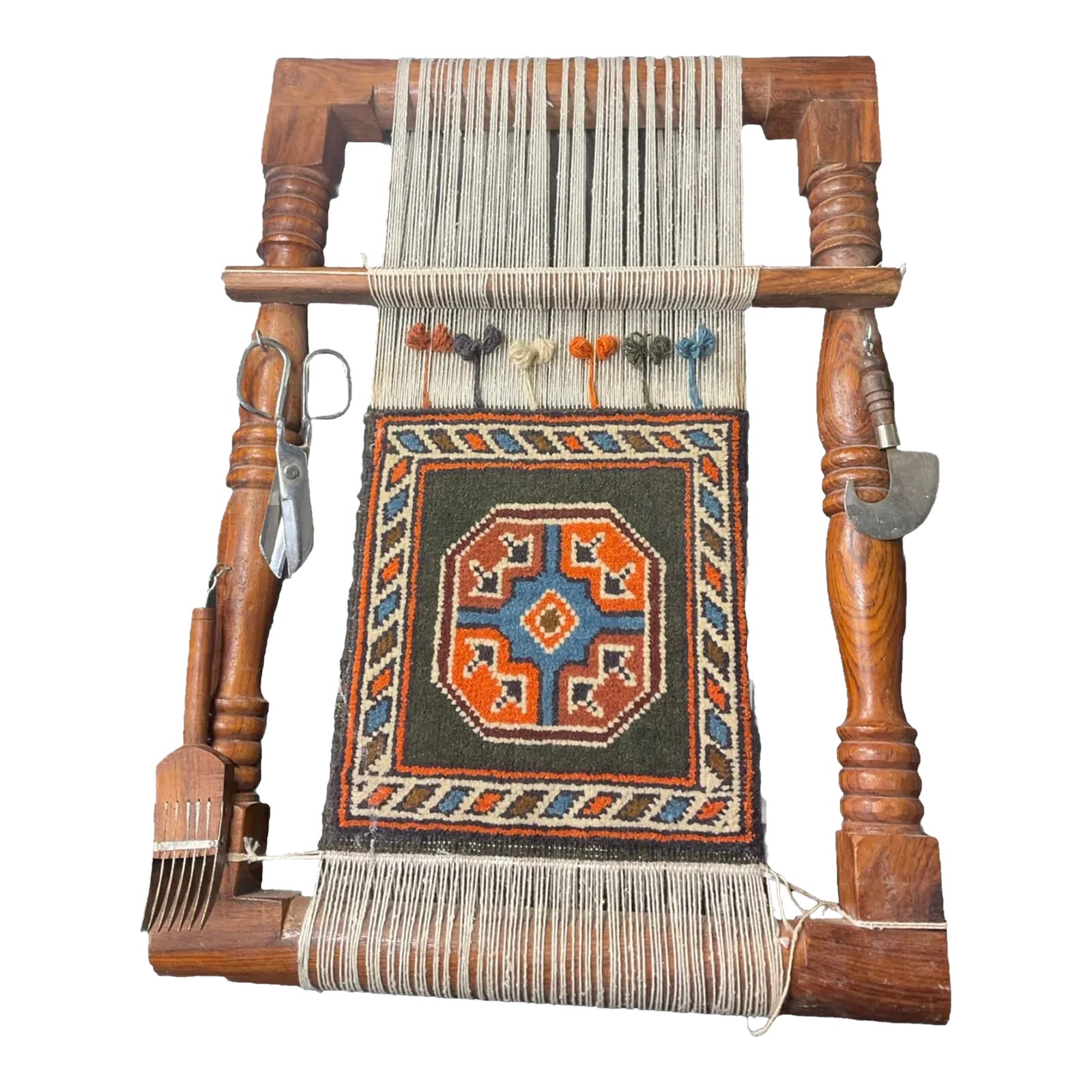1940s Turkish Loom With Woven Rug, Ornate Frame, and 3 Original Tools ...