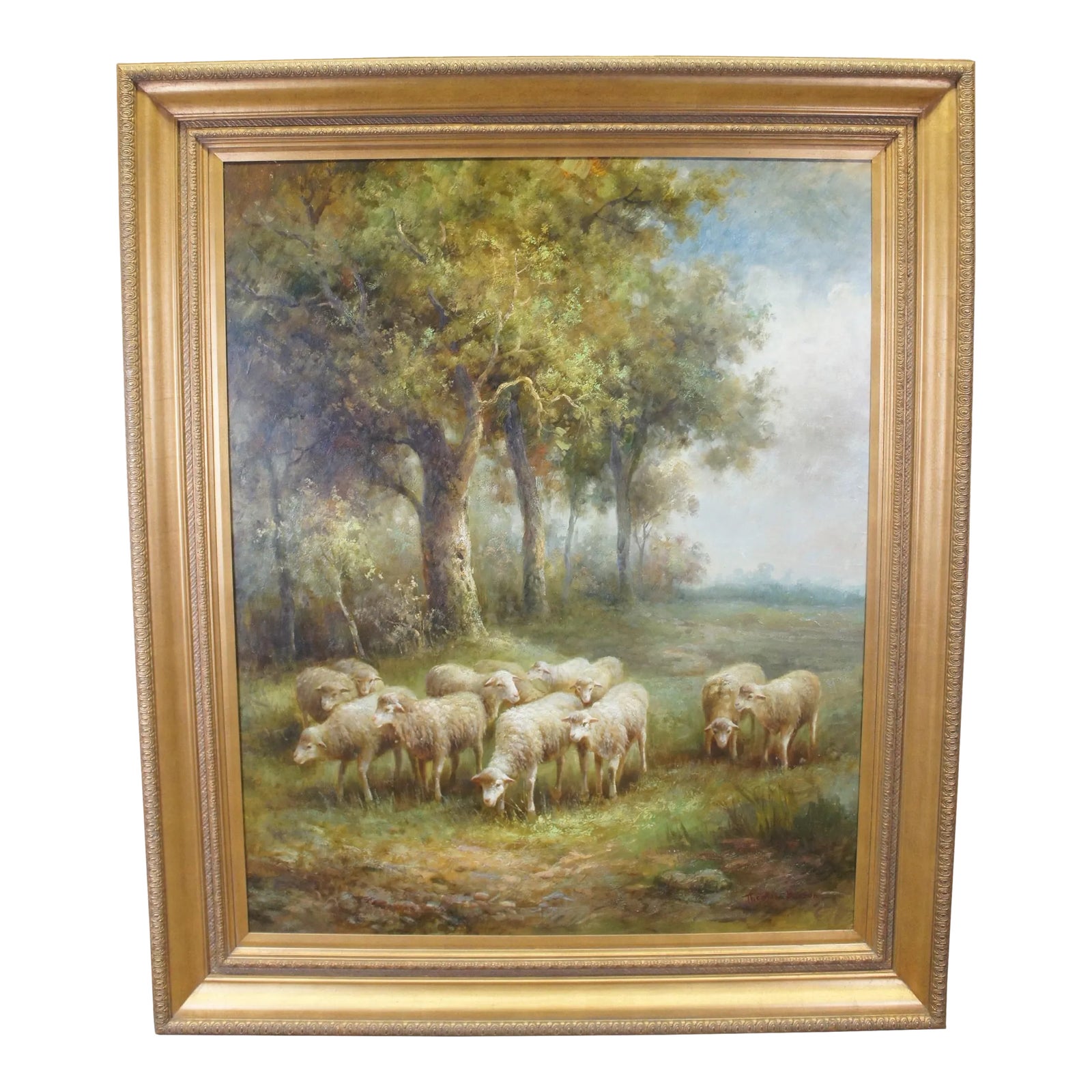 Monumental Thomas Barron Sheep Grazing Forest Landscape Oil Painting 75 ...