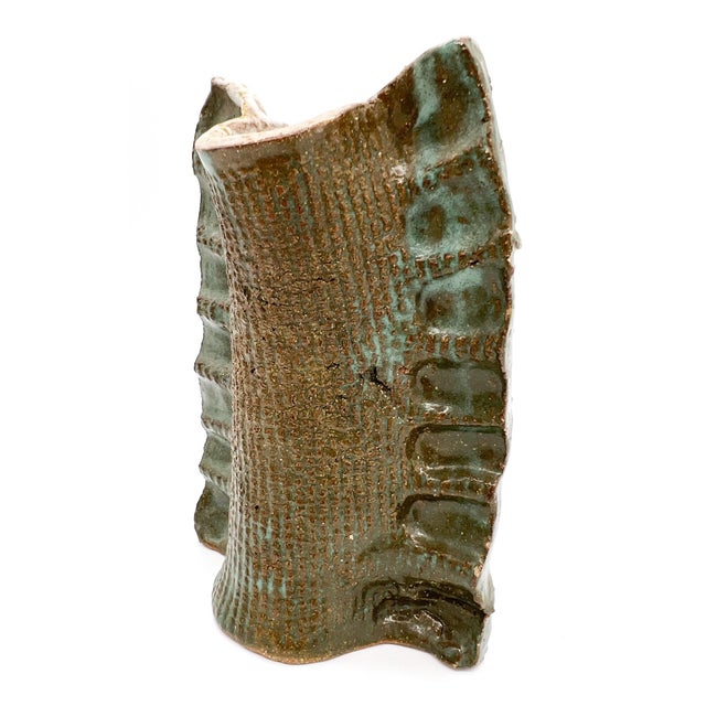 Vintage Aqua Blue Sculptural Ruffled Ceramic Studio Pottery Vase | Chairish