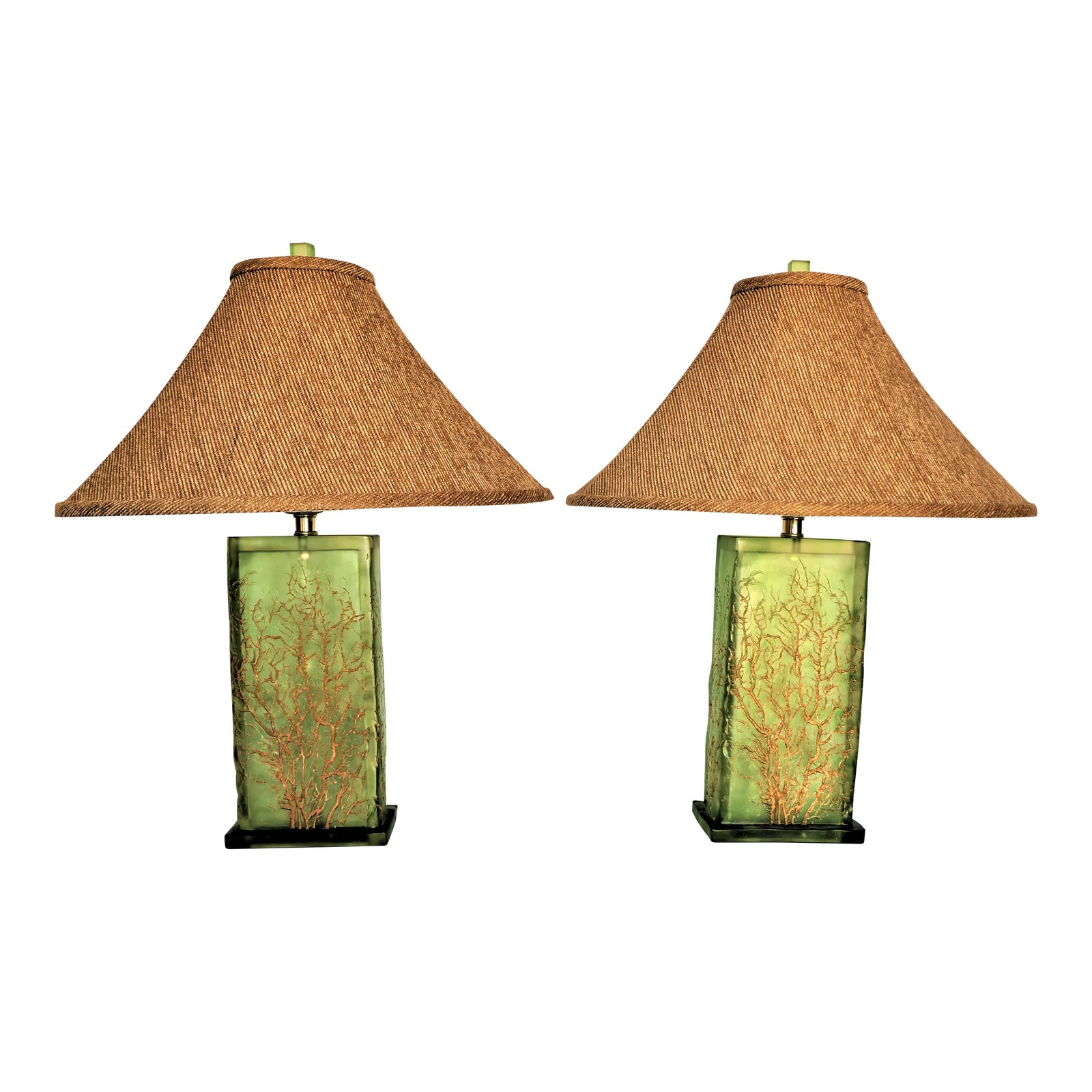 Contemporary Pair Lucite Block Shape Translucent Lamps With Carved ...