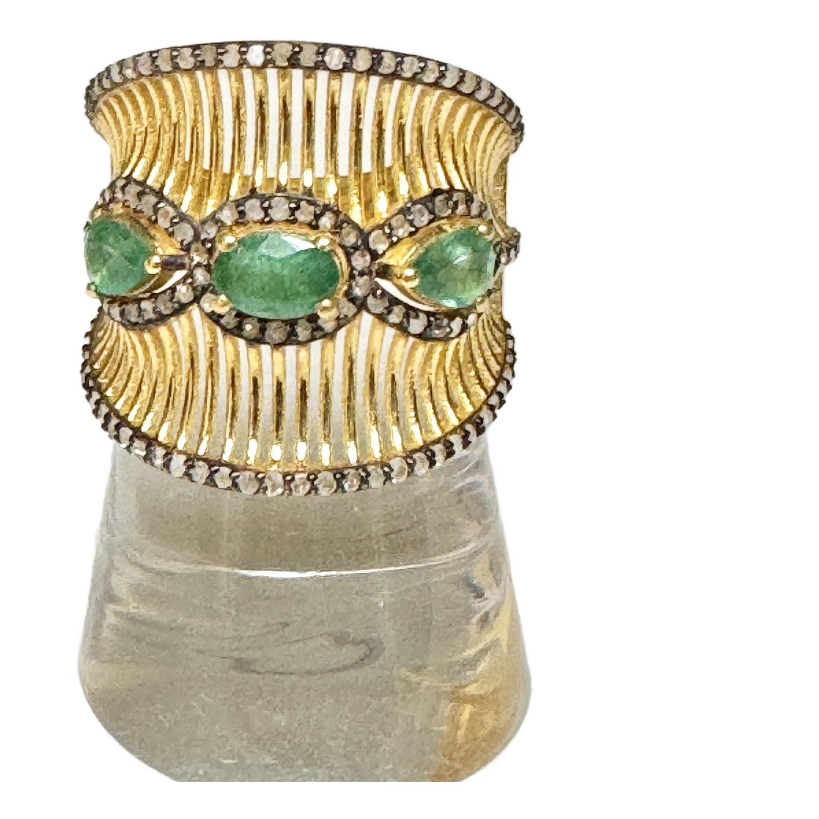 Vintage Natural Emerald and Pave Diamond Cage Ring | Chairish