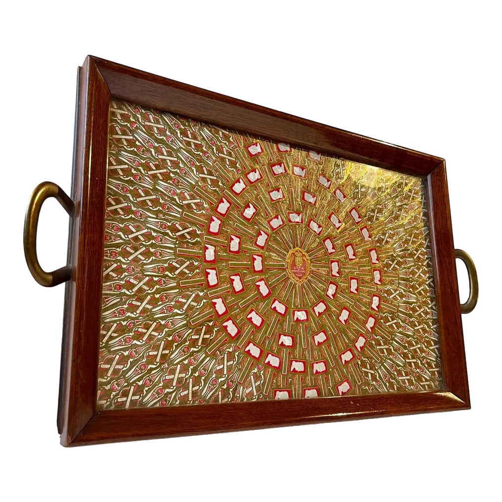Antique Mahogany Serving Tray with Cuban Cigar Bands, 1920s | Chairish