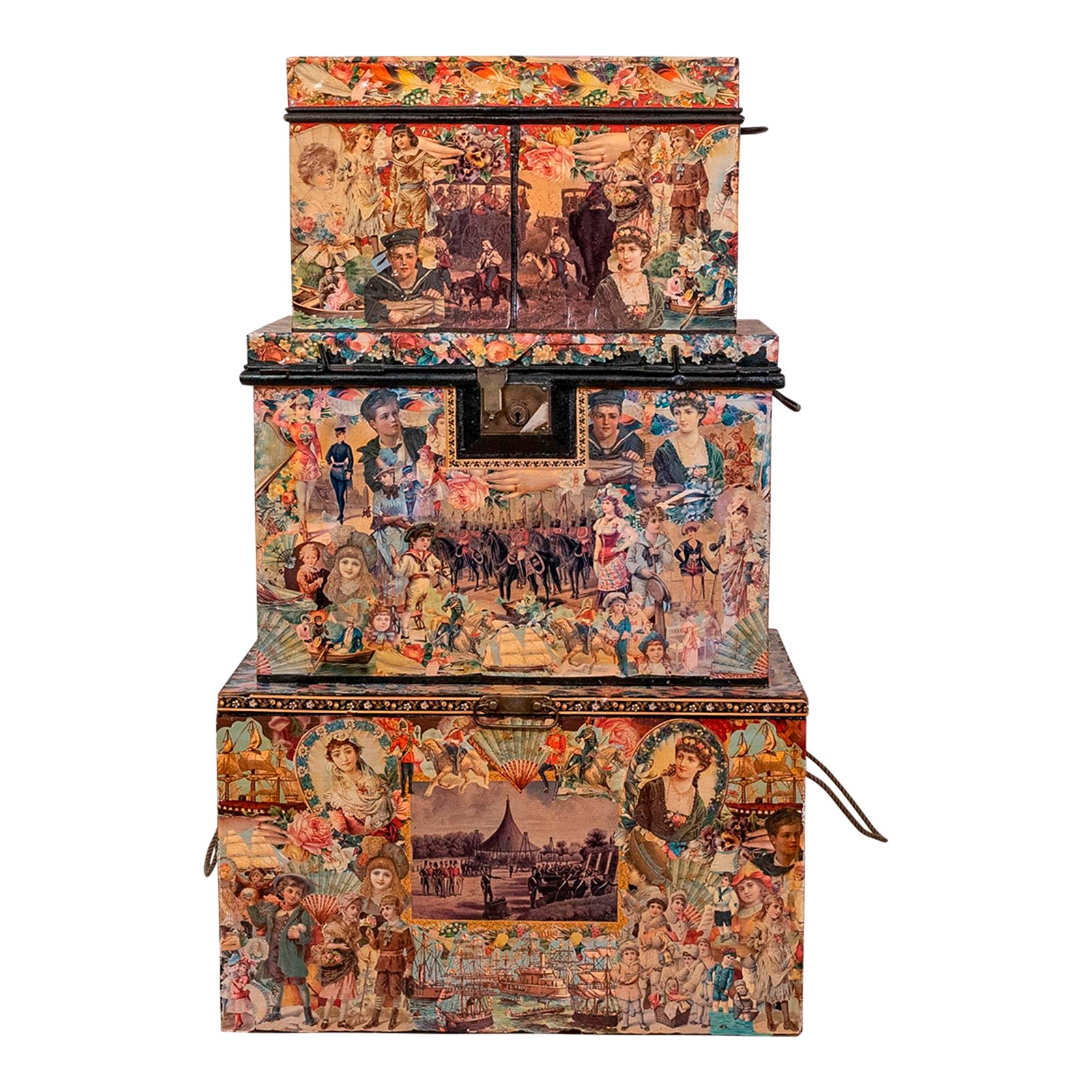 Victorian Artful Hand Decoupaged Storage Trunks -Sets of 3 | Chairish