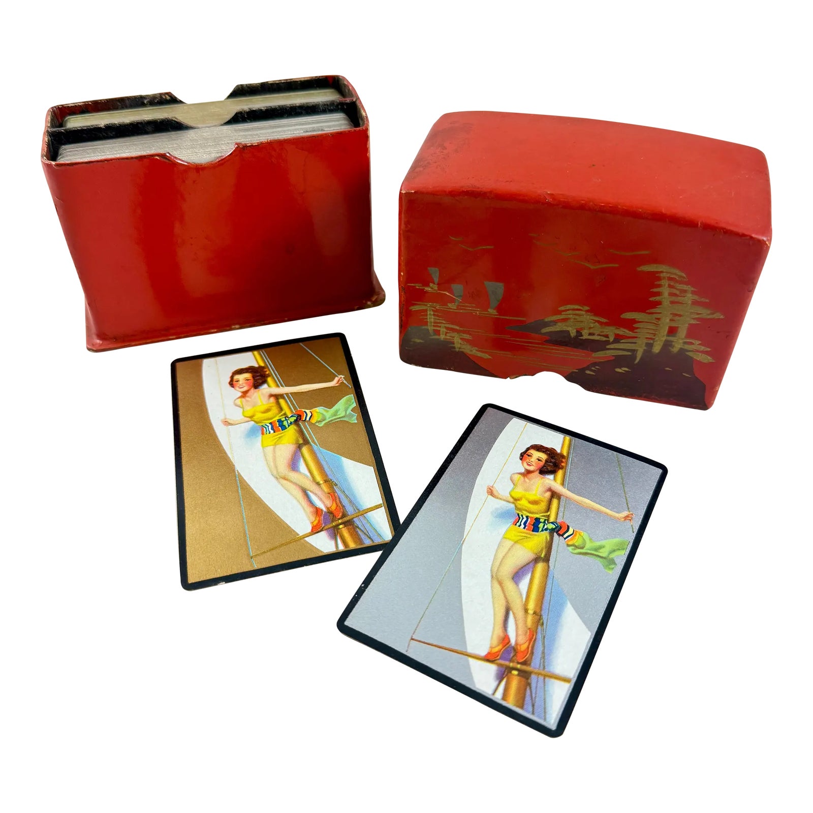 1920s Japanese Lacquered Paper Mache Boxed Pin-Up Card Set | Chairish