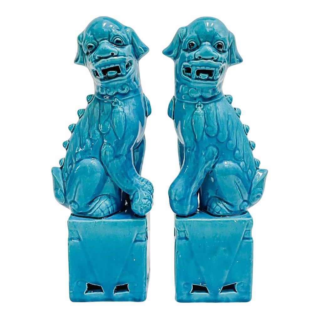 Contemporary Turquoise Blue Foo Dog Figurines - a Pair | Chairish