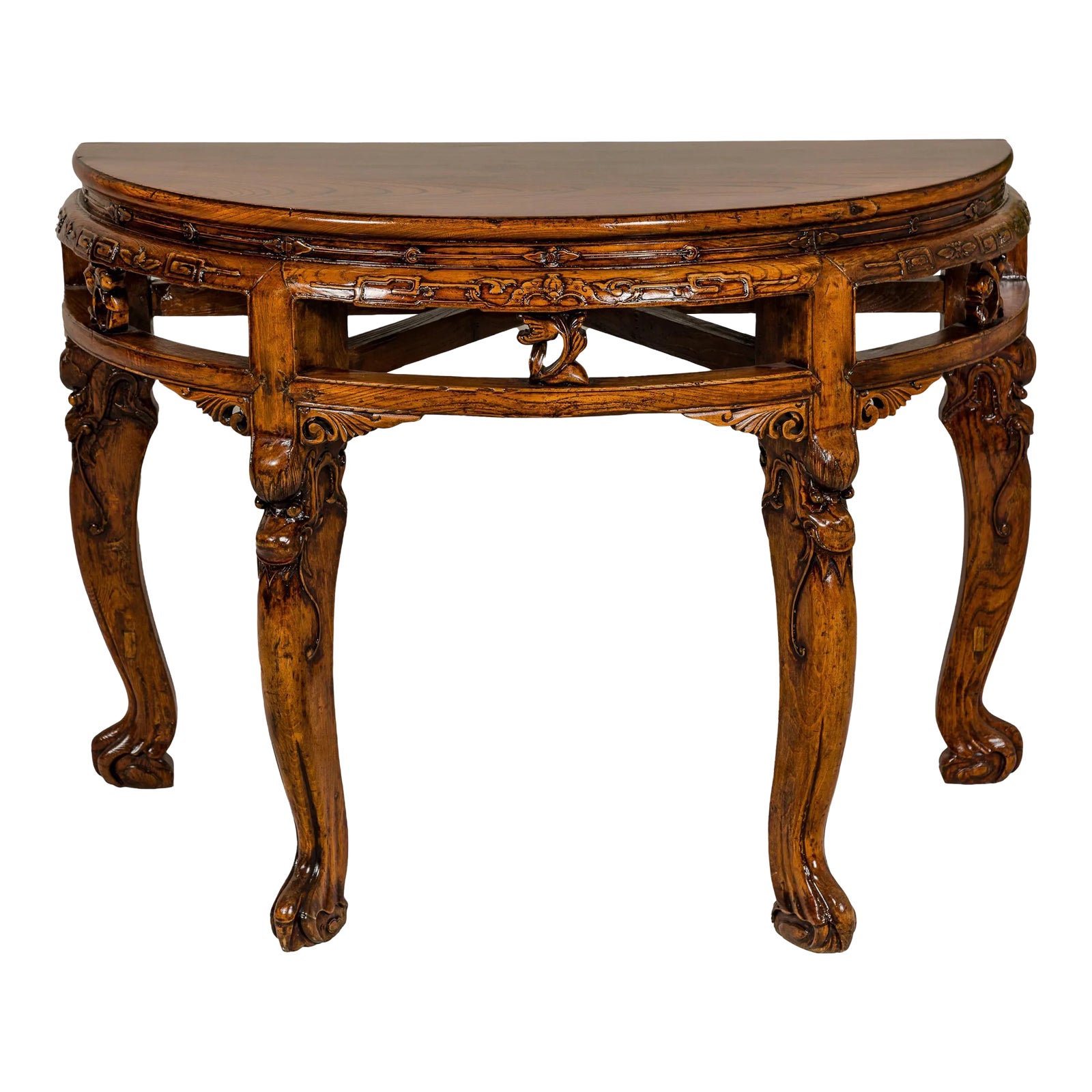 19th Century Wooden Demilune Table with Carved Mythical Creatures ...
