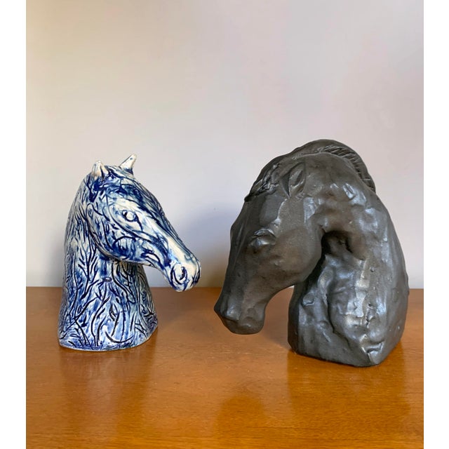 Horse Head in Blue, Ceramic, Sculpture, Scraffito | Chairish