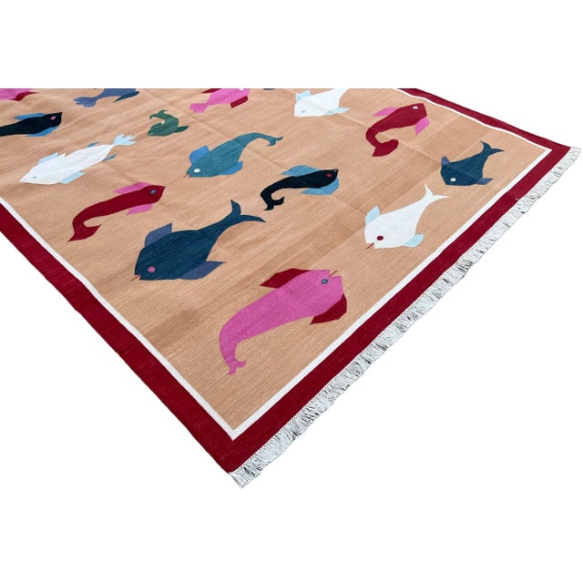 Handmade Cotton Natural Vegetable Dyed Rug Tan and Red Fish Pattern ...