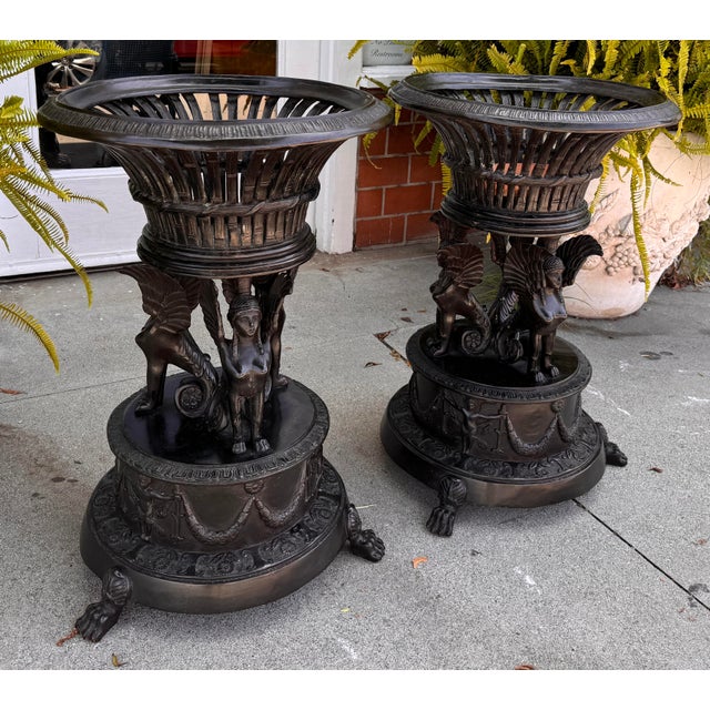 Pair of Antique Iron Winged Griffin Brazier Plant Stand Urns | Chairish