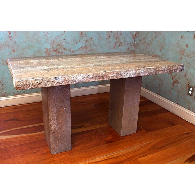 Vintage Natural Stone Dining Table With Double Pedestal Base | Chairish