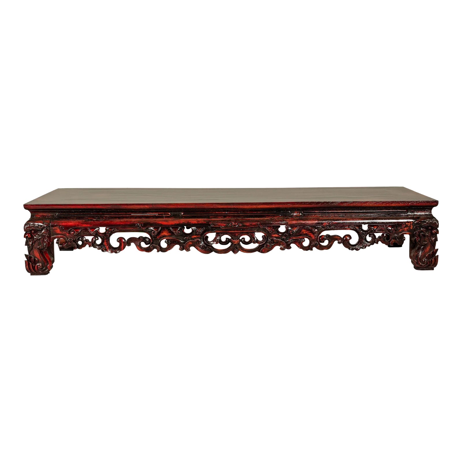 Qing Dynasty Low Kang Coffee Table with Reddish Brown Finish and Carved ...