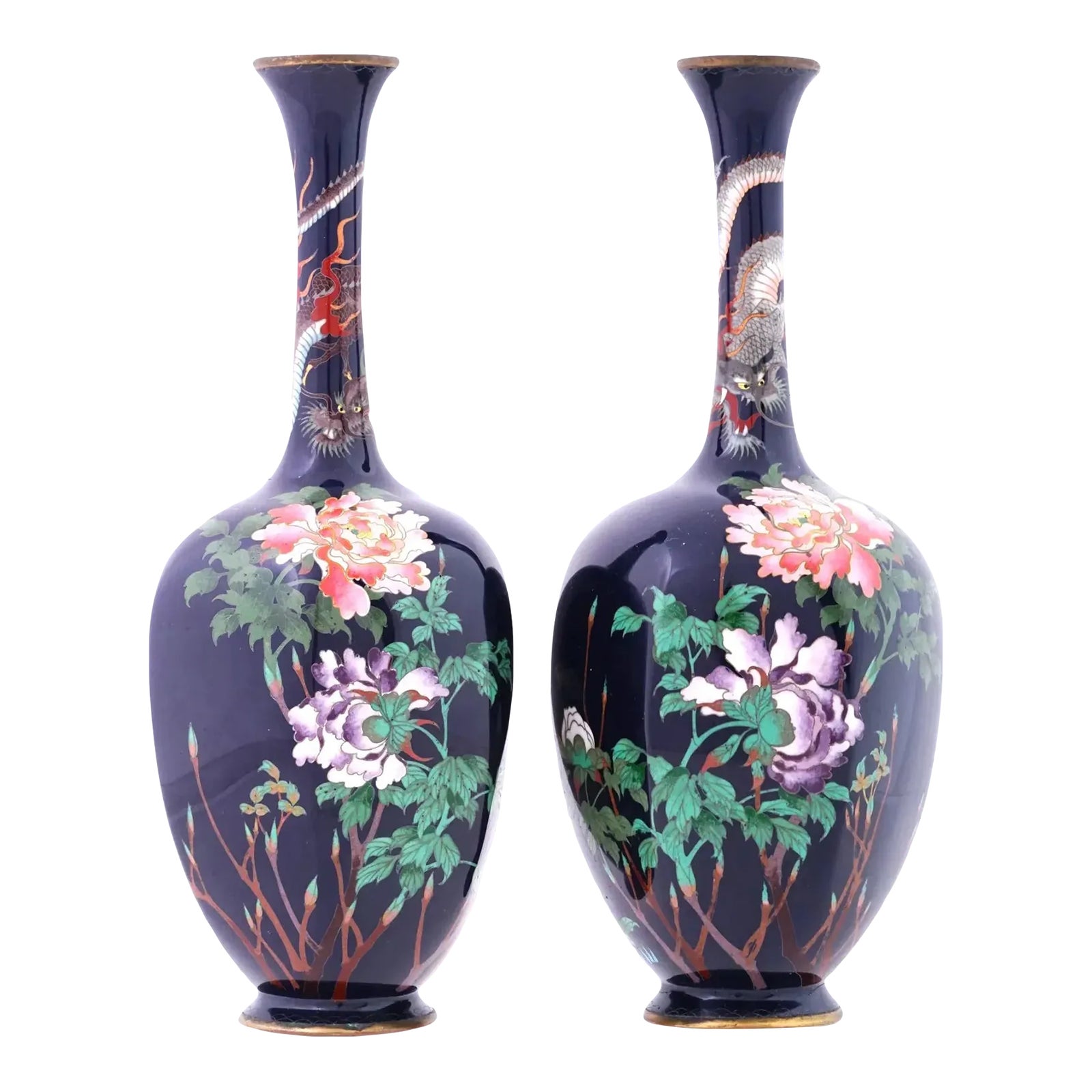Pair of Late 19th Century Octagon Shaped Japanese Cloisonné Dragon and ...