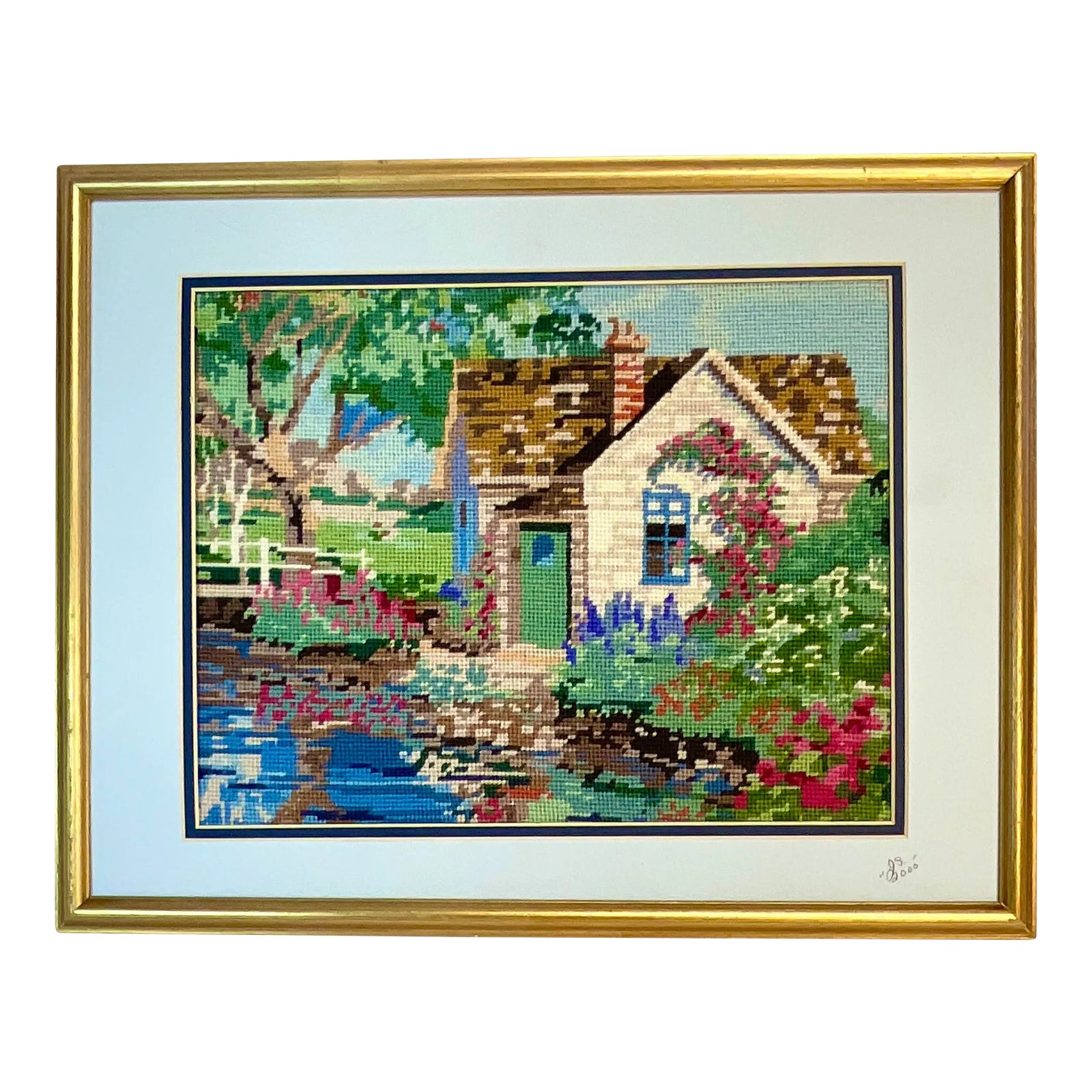Vintage American Folk Art Framed Needlepoint, Artist Signed. | Chairish