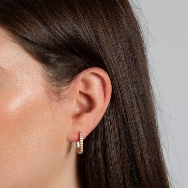 Diamond and Gold Chunky Rectangular Huggies in 14K gold - A Pair | Chairish